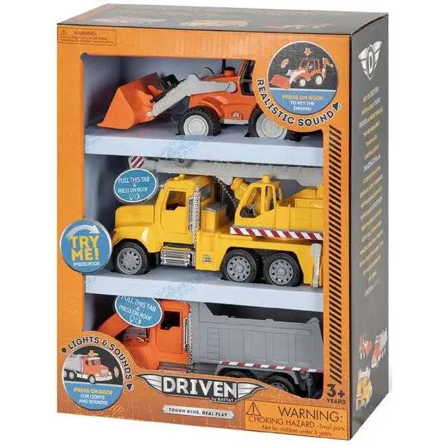 Driven Micro Construction Fleet Lights Sounds Vehicle 3-Pack Dump Truck, Crane Truck Backhoe ...