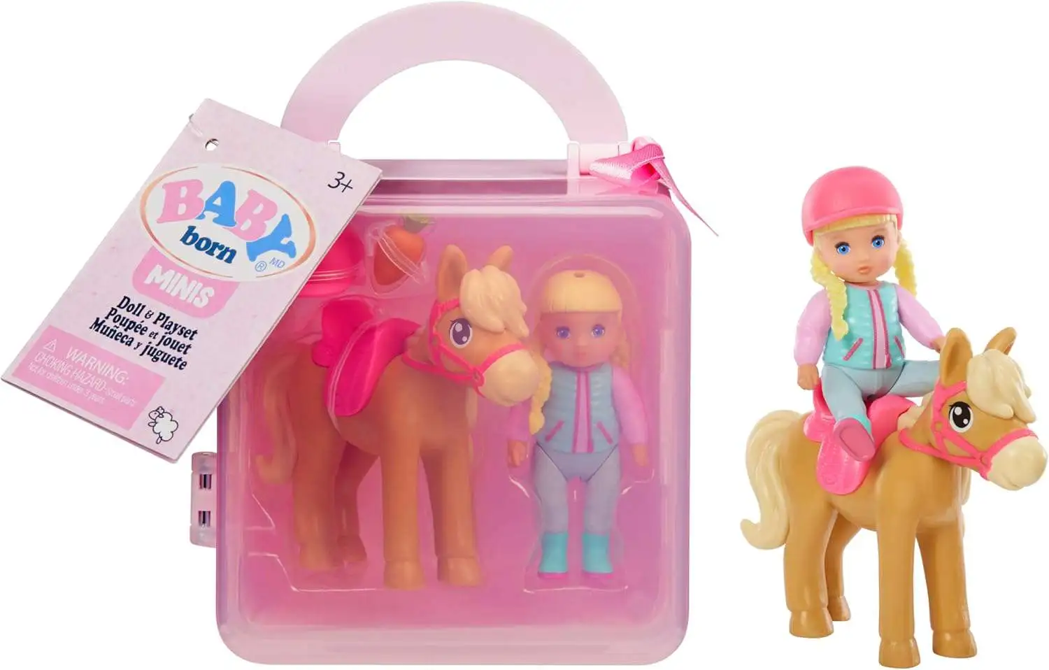 Baby Born Minis Light Skin Tone Doll with Blue Eyes, Horse with Helmet ...