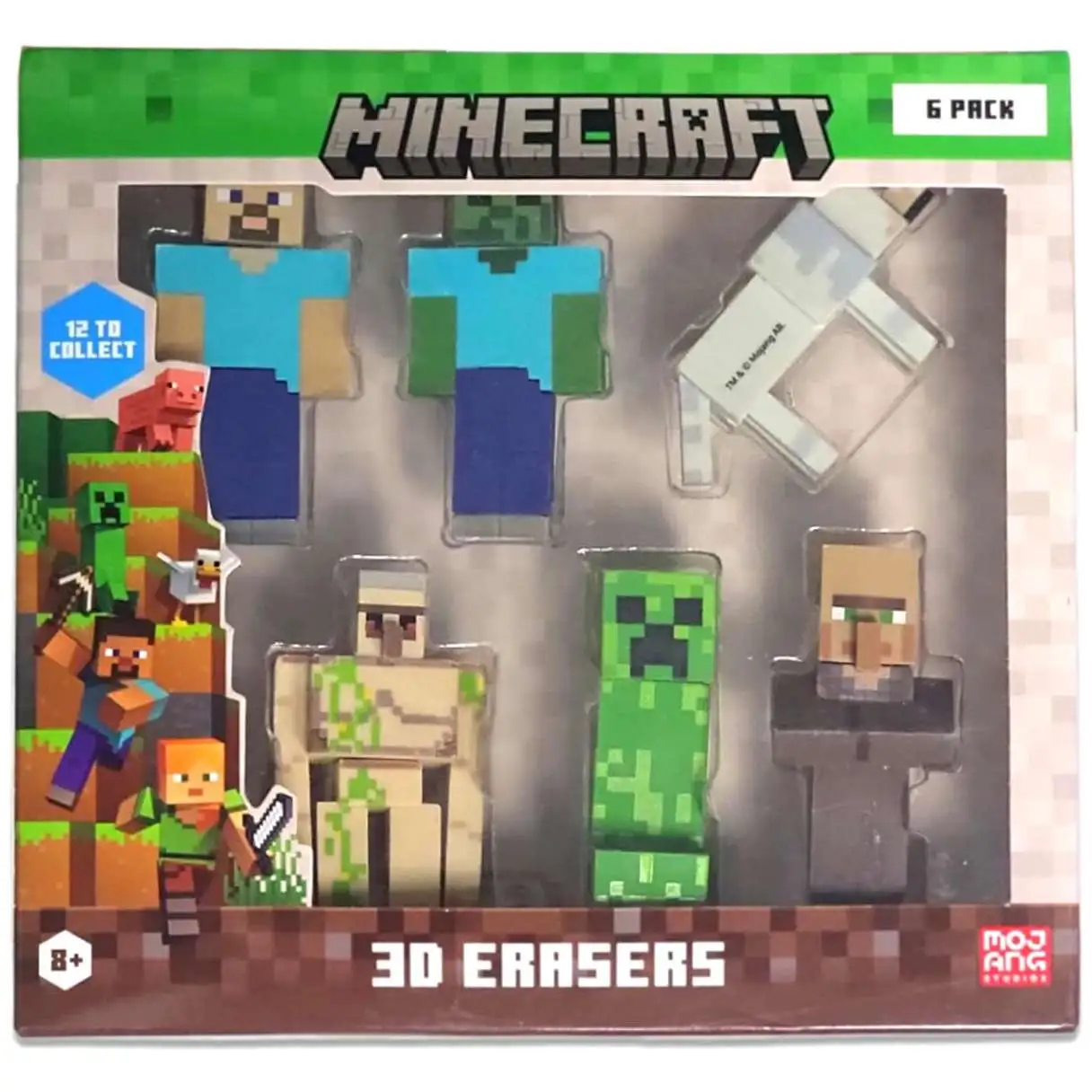 Minecraft Steve, Zombie, Wolf, Iron Golem, Creeper Villager 2.25 3D Eraser 6-Pack PMI - ToyWiz