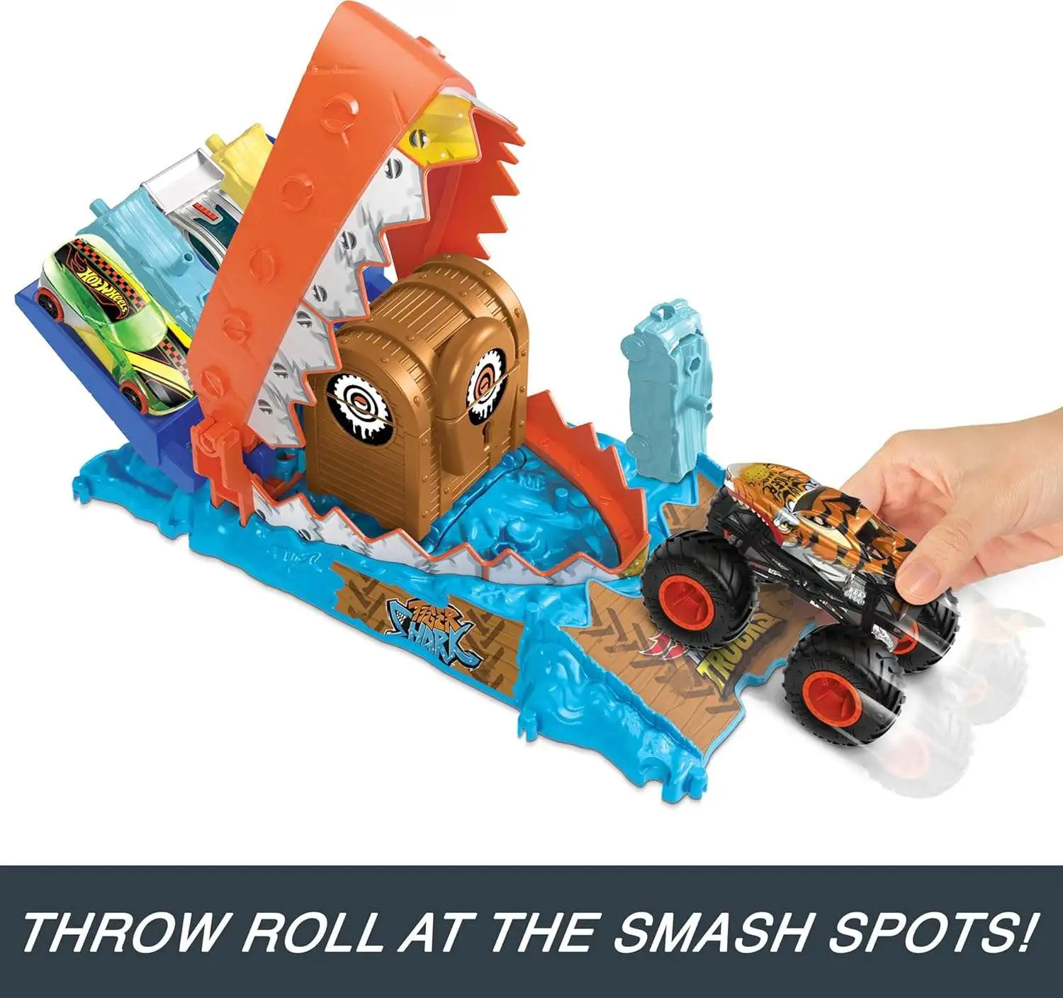 Hot Wheels Monster Trucks Arena Smashers Treasure Chomp Challenge 164 Playset with Tiger Shark ...