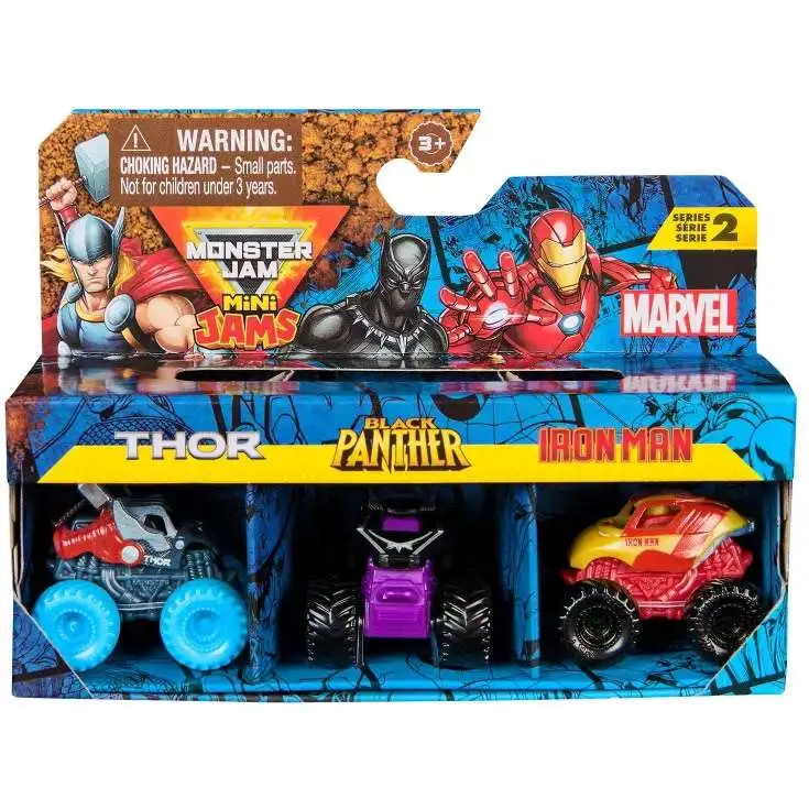Monster Jam Marvel Series 2 Thor, Black Panther Iron Man Mini Vehicle 3 ...