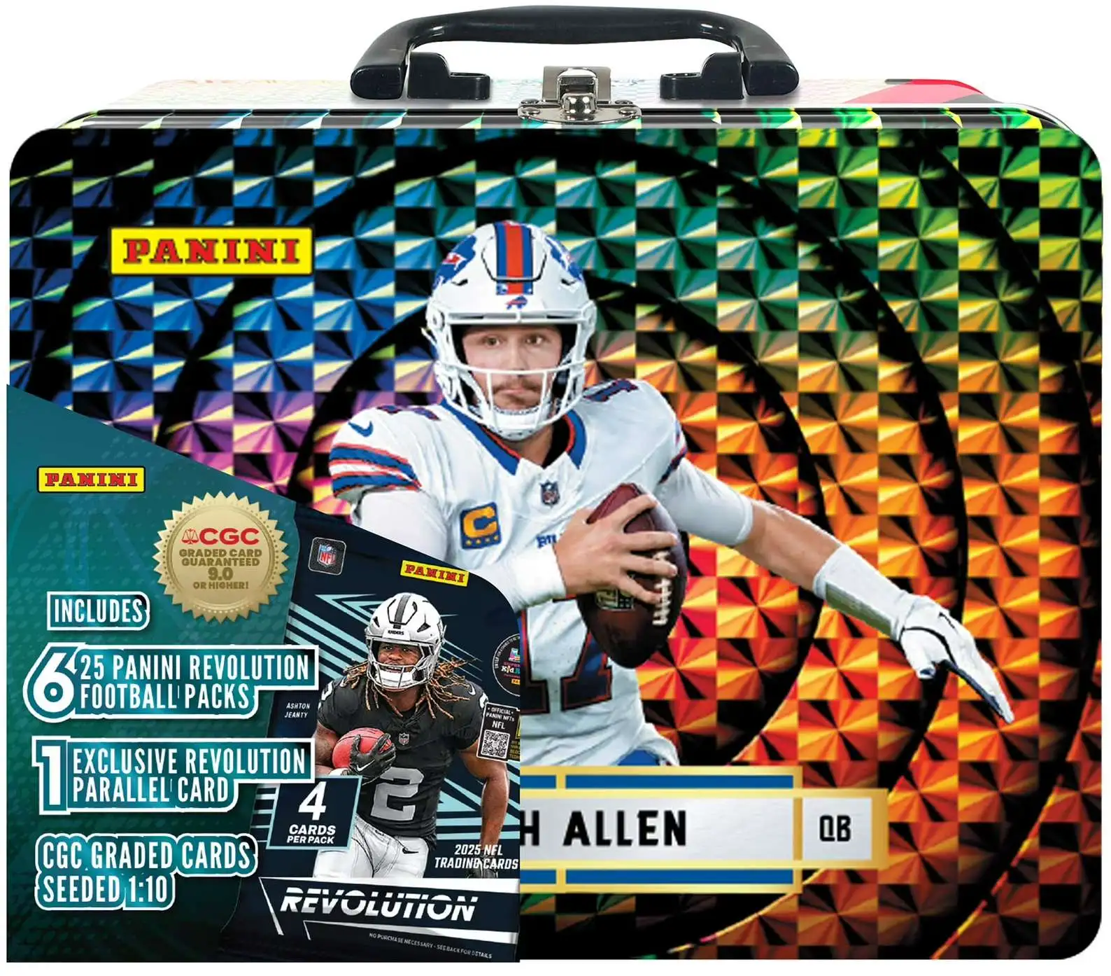 NFL Panini 2025 Panini Revolution Football Josh Allen Trading Card COLLECTOR LUNCH Tin 6 Packs 1 ...