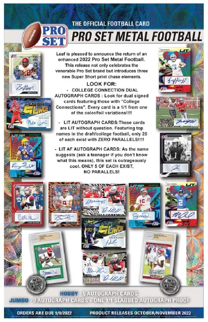NFL Leaf 2022 Pro Set Metal Football Jumbo Trading Card HOBBY Box 9 ...