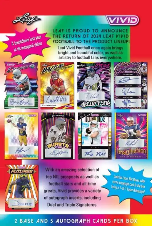 NFL Leaf 2024 Vivid Football Trading Card HOBBY Box 2 Base Cards 5 ...