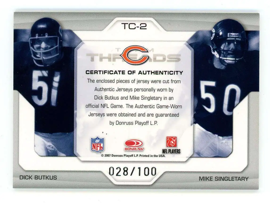 NFL 2007 Leaf Limited Single Card 28100 Team Threads Dick Butkus Mike ...
