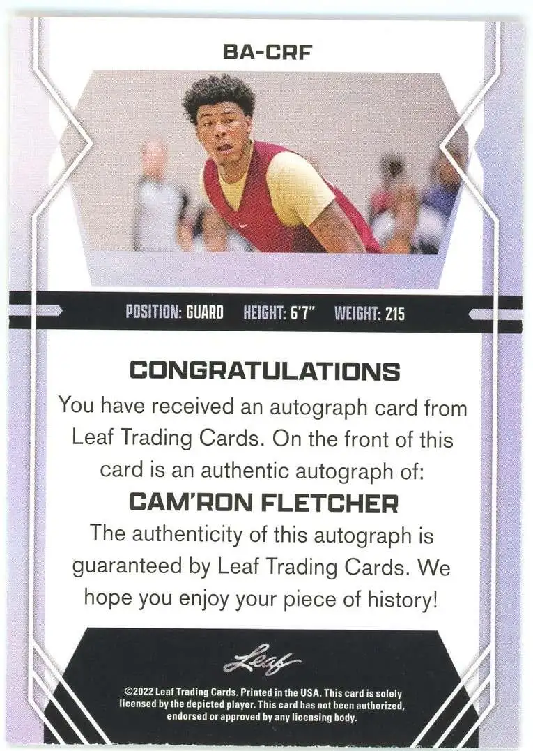NBA Leaf 2022 Leaf Single Card 75 Yellow CamRon Fletcher Rookie Auto ...