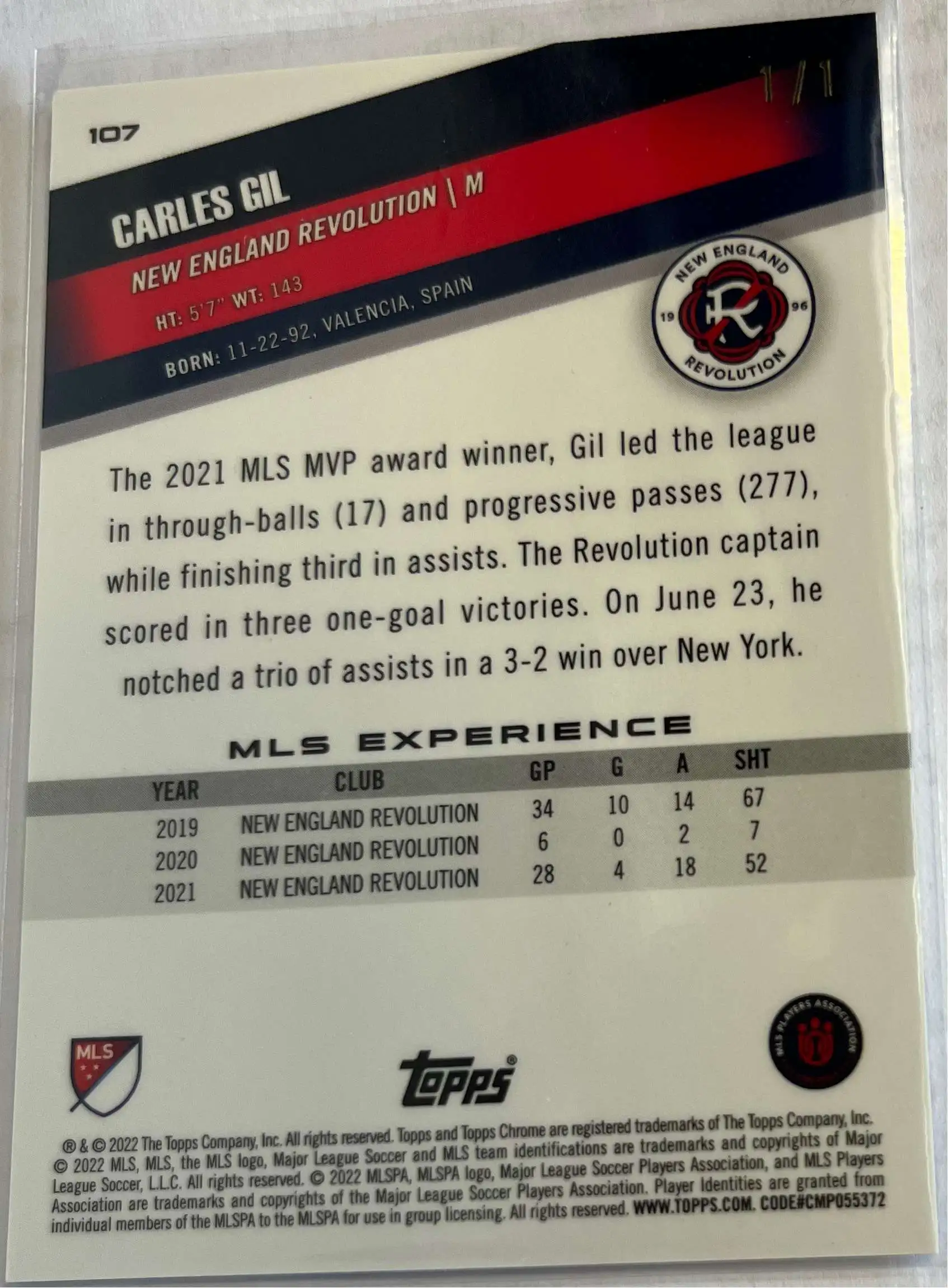 Soccer 2022 MLS Topps Chrome Carles Gil 11 Near Mint 107 Superfractor ...