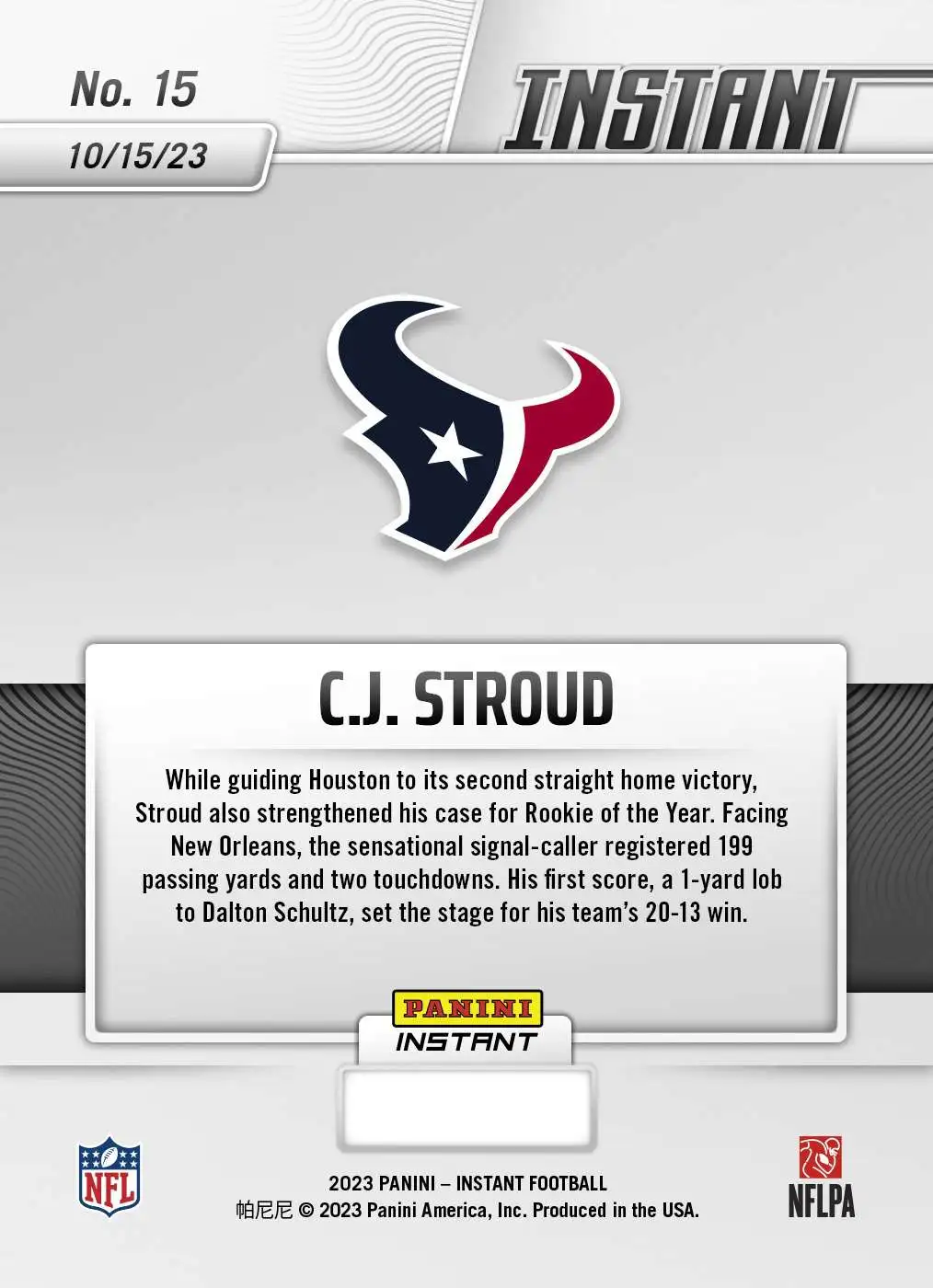 Nfl Houston Texans 2023 Panini Instant Football Single Card Cj Stroud