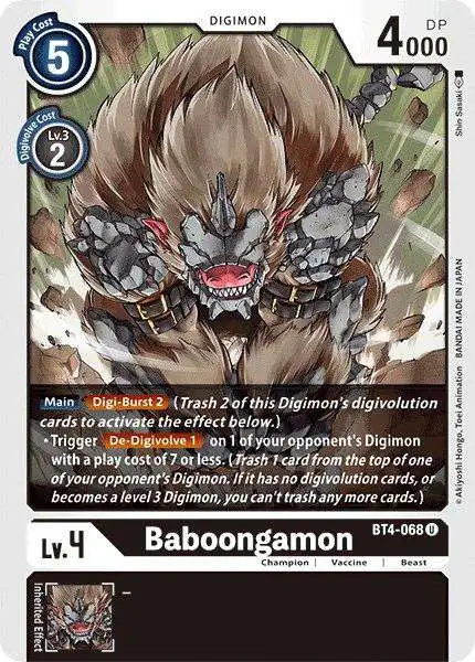 Digimon Trading Card Game Great Legend Single Card Uncommon Baboongamon BT4-068 - ToyWiz