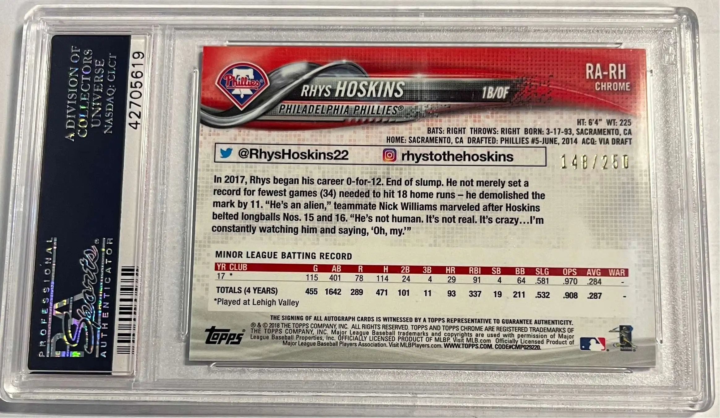 MLB 2018 Topps Chrome Rhys Hoskins Purple Refractor 148250 Graded Card ...