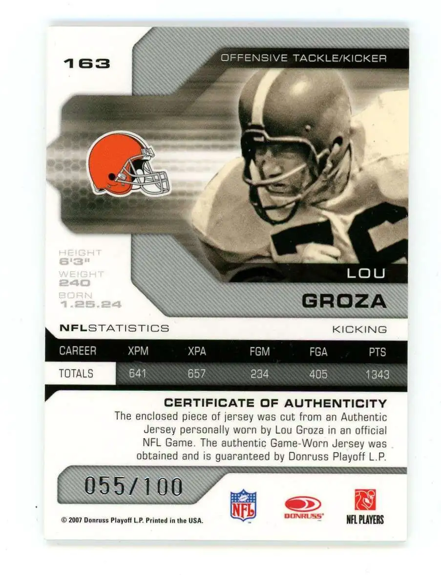 NFL 2007 Leaf Limited Single Card 55100 Lou Groza 163 Relic - ToyWiz