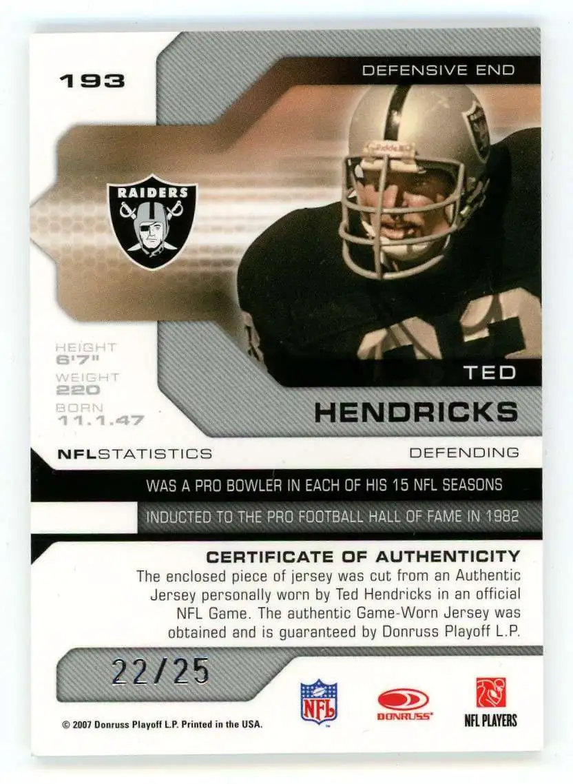 NFL 2007 Leaf Limited Single Card 2225 Ted Hendricks 193 Relic - ToyWiz